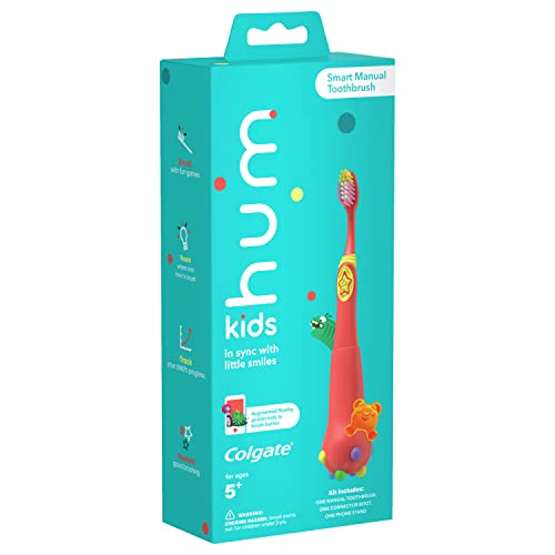 Colgate hum Smart Manual Kids Toothbrush, hum Kids Toothbrush With Phone Stand, App Makes Brushing Fun, Child-Size Brush Head With Extra Soft Bristles, Coral