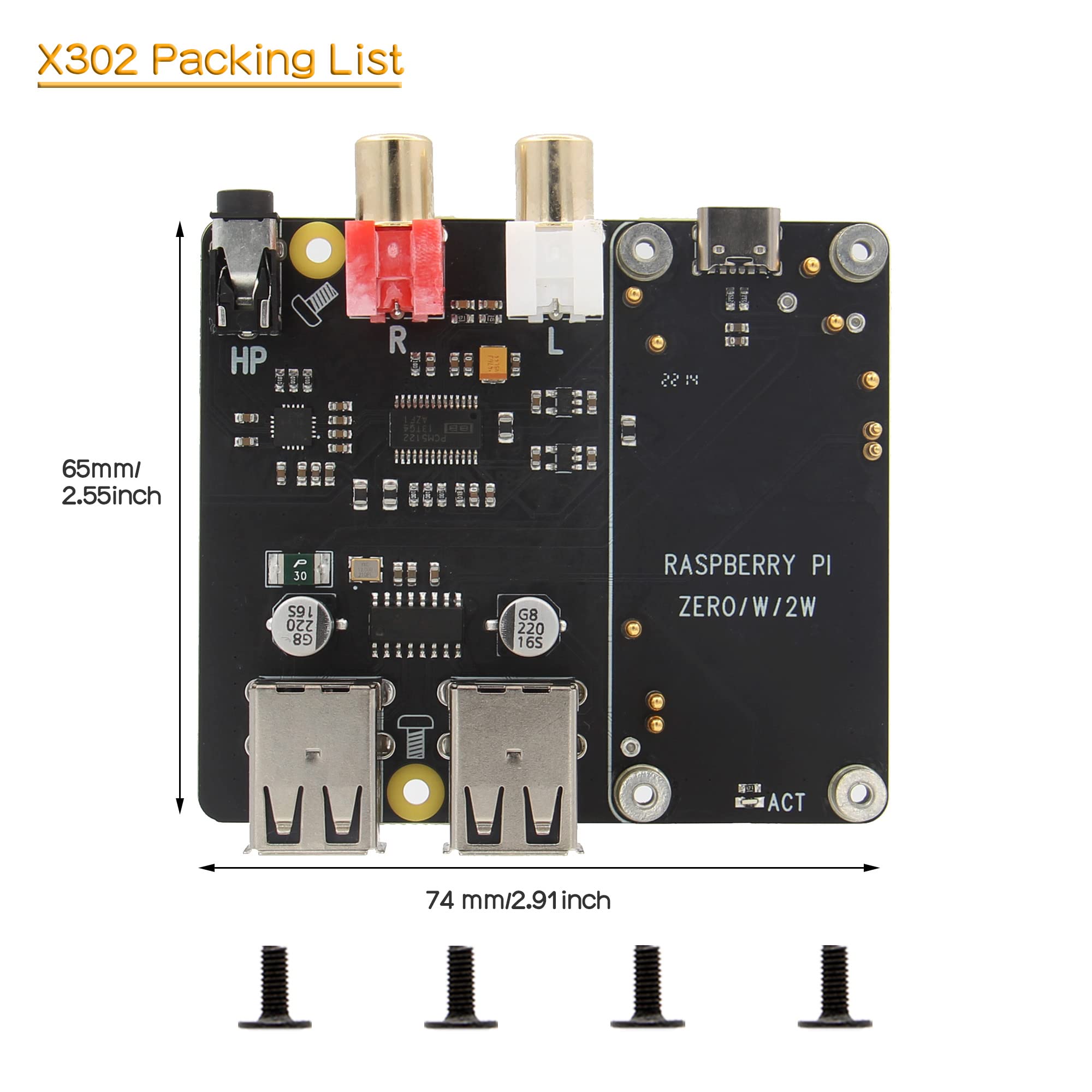 Geekworm Raspberry Pi Zero 2 W HiFi DAC HAT, X302 PCM5122 HiFi DAC Audio Card & 4-Port USB HUB Compatible with Raspberry Pi Zero 2 W/Zero W (Not Include Raspberry Pi)