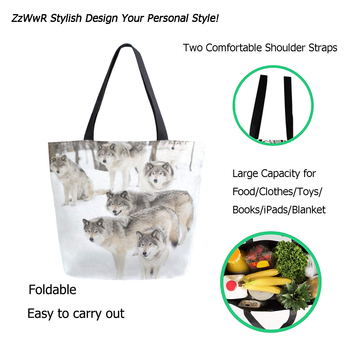 ZzWwR 3D Winter Forest Wolves Print Extra Large Canvas Shoulder Tote Top Storage Handle Bag for Gym Beach Weekender Travel Shopping