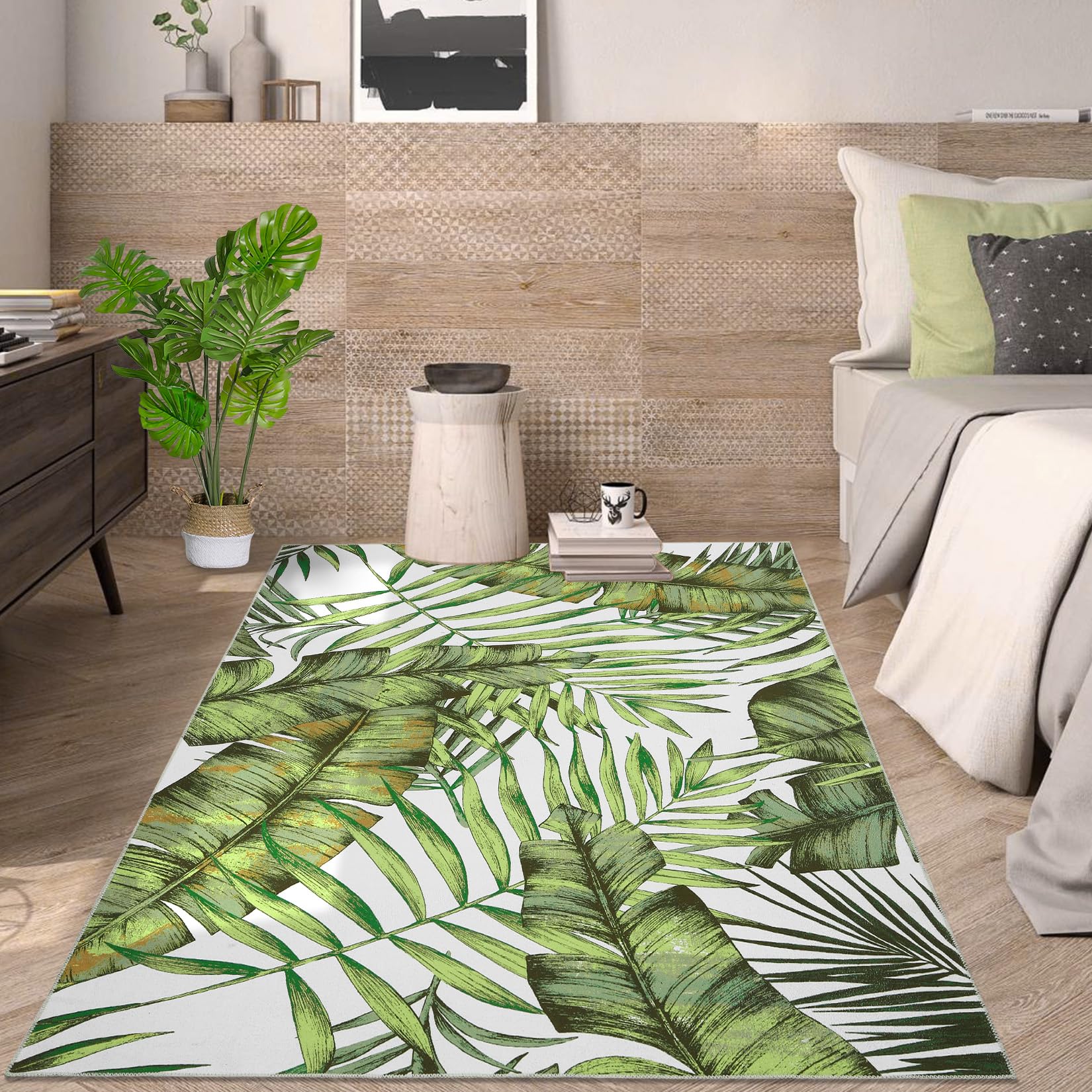 CAREMEE 8x10 Washable Area Rug Palm Tree Leaf Area Rug Indoor Throw Carpet Rug Non Slip Low Profile Non-Shedding Large Area Rug Thin Rug for Living Room Bedroom Kitchen, 8'x10' Green