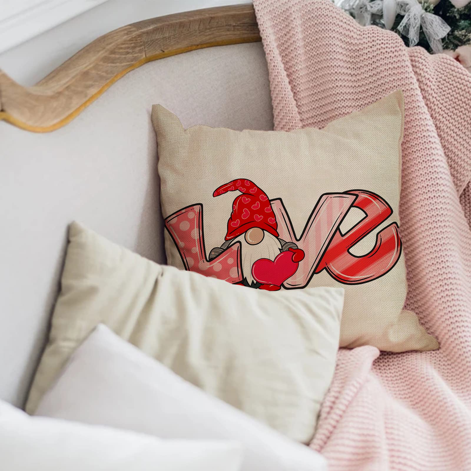 Softxpp Gnome Decorative Throw Pillow Cover, Valentine’s Day Cushion Case Pink Love Heart Sign, Anniversary Wedding Home Spring Decorations Pillowcase Decors for Sofa Couch 18 x 18 Cotton Linen