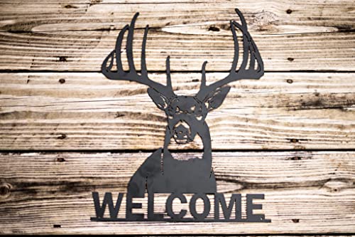 Welcome Whitetail Deer Buck Metal Wall Art Sign | Laser Cut | Black | Home Cabin Decor | Big Game Steel