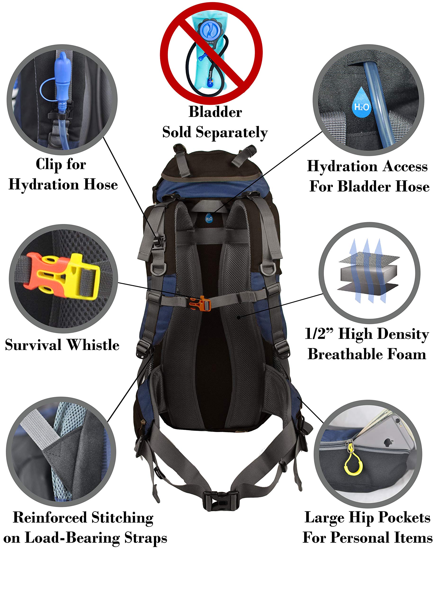Duraton Hiking Backpack 50L, Water Resistant Light-Weight Day Pack for Backpacking Camping and Travel (Navy Blue)