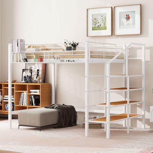 Full Size Loft Bed with Stairs, Metal Loft Bed Frame with Storage Steps, Heavy-Duty High Loft Bed with Grid Shelf for Kids Teens Adults, White