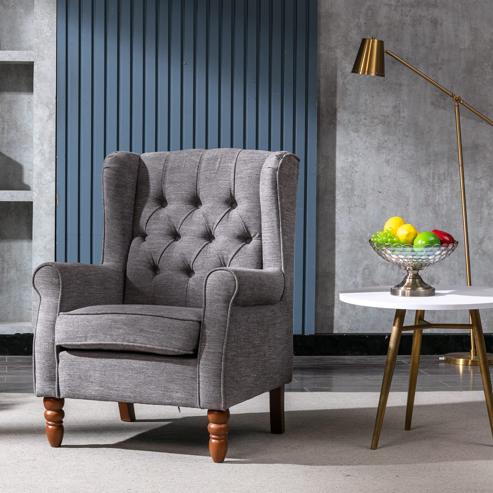 COLAMY Living Room Accent Chair, Thick Upholstered Button Tufted Wingback Armchair Fabric Mid-Century Modern Sofa Arm Chair, Solid Wood Legs Padding Seat, Grey