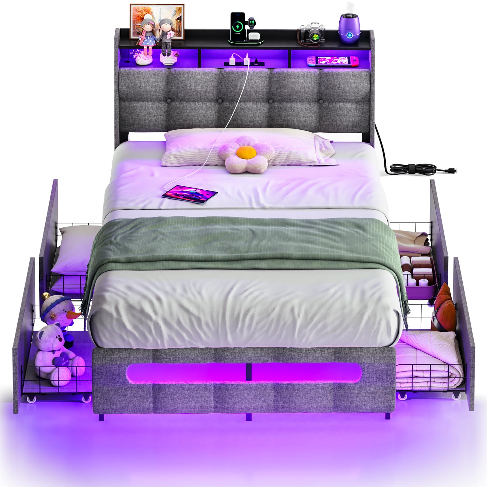 Homieasy Twin Size Bed Frame with Drawers Charging Station LED Light, Upholstered Twin Bed Frame with Storage Headboard, Heavy Duty Wood Slats, No Box Spring Needed, Noise Free, Grey