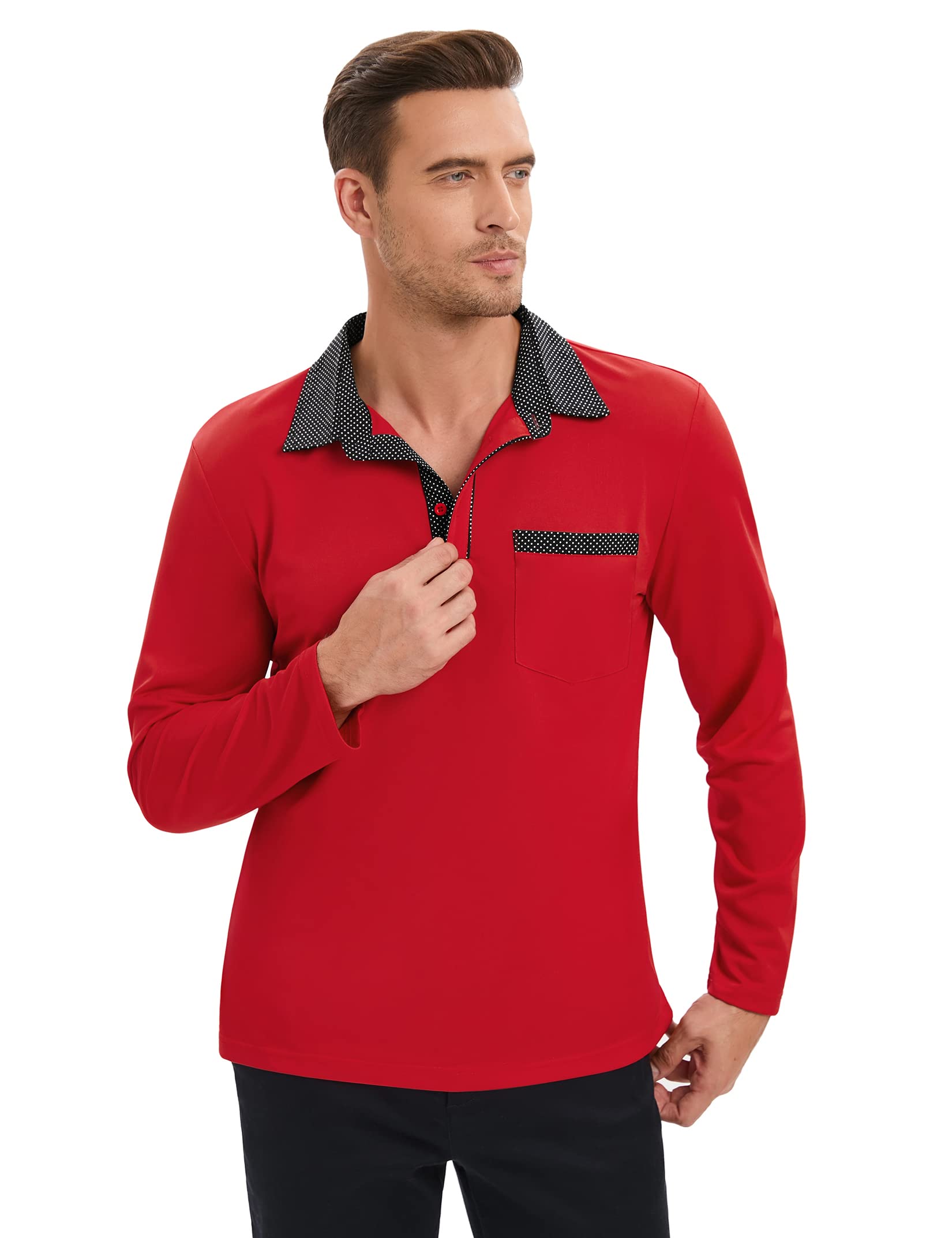 EliteSpirit Mens Long Sleeve Polo Shirts Casual Polka Dot Collared Golf Shirt with Pockets Wine Red S