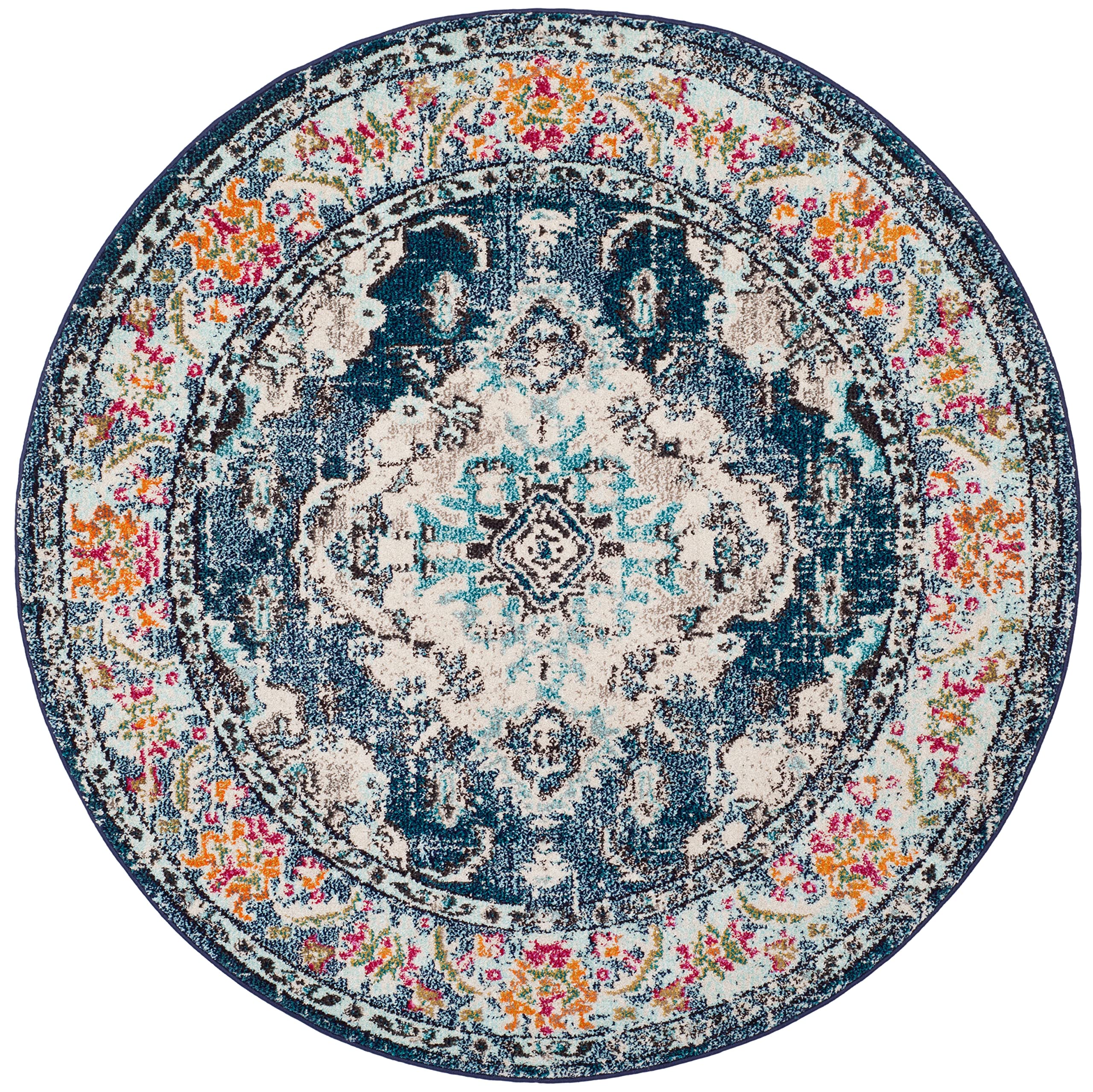 SAFAVIEH Monaco Collection Area Rug - 8' Round, Navy & Light Blue, Boho Chic Medallion Distressed Design, Non-Shedding & Easy Care, Ideal for High Traffic Areas in Living Room, Bedroom (MNC243N)