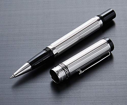 Xezo Tribune Pure Platinum Layered Diamond-Cut Fine Rollerball Pen, Weighty and Balanced, Individually Numbered (Tribune Platinum R), Silver, Black