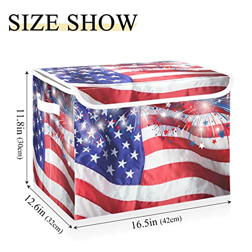 innewgogo American Flag Firework Storage Bins with Lids for Organizing Large Collapsible Storage Bins with Handles Oxford Cloth Storage Cube Box for Car