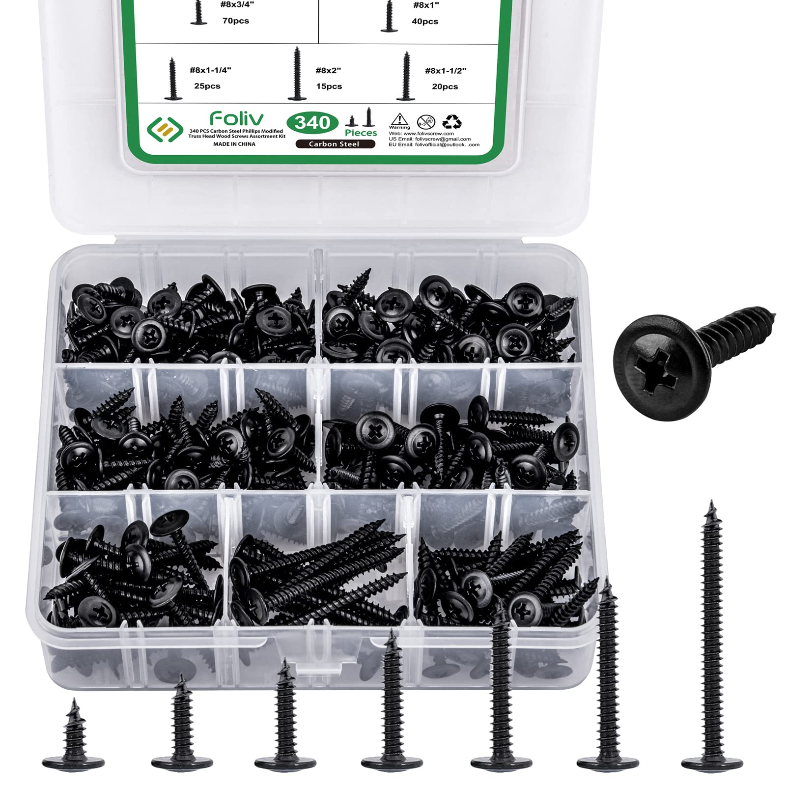 FOLIV 340PCS Black Wood Screws, 8 Phillips Modified Truss Head Self Tapping Screws Kit, Black Phosphate Steel, 7 Length Included