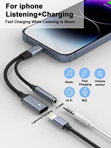 iPhone Headphone and Charger Adapter 2-in-1 Lightning to 3.5mm AUX Audio + Lightning Charger Splitter Dongle for iPhone 14/13/12/11 Pro Max/Pro/Plus/Mini/XR/XS/8/7 Plus-Apple MFi Certified