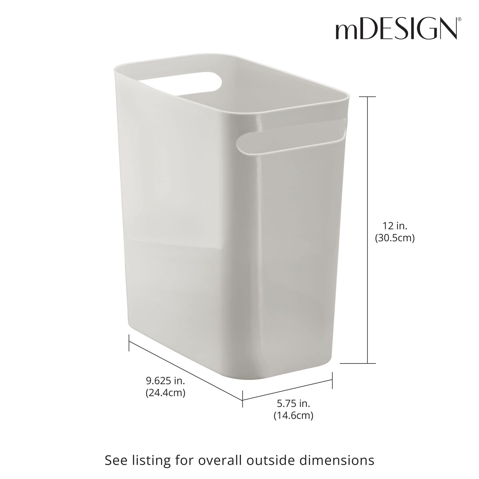 mDesign Plastic Slim Large 2.5 Gallon Trash Can Wastebasket, Classic Garbage Container Recycle Bin for Bathroom, Bedroom, Kitchen, Home Office, Outdoor Waste, Recycling - Aura Collection - Light Gray