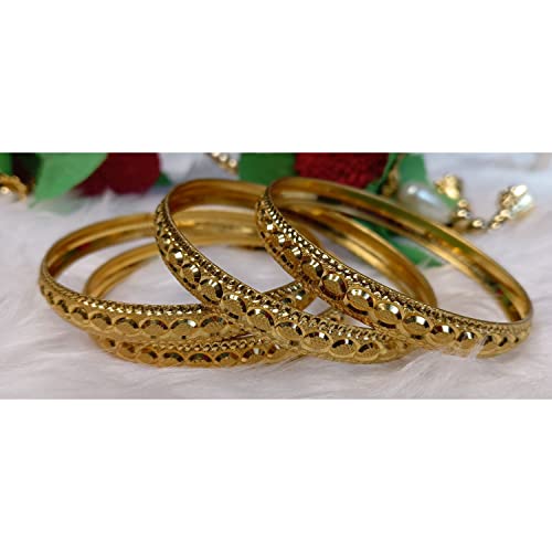 Efulgenz Indian Bridal Bangle Set Gold Tone Plain Glossy Engraved Bracelet Bangle Jewelry for Women (4 Pcs) Size 2.6