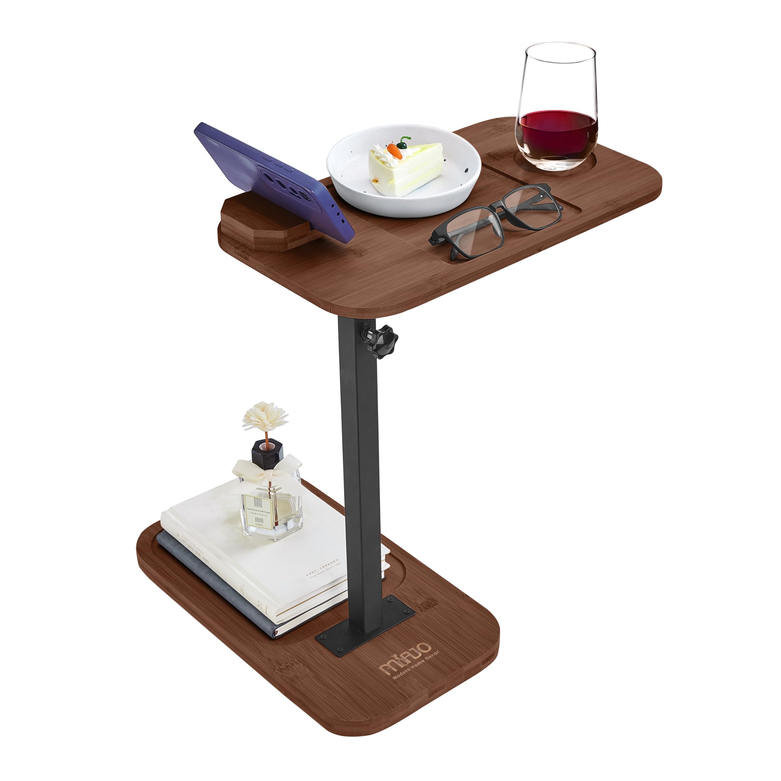 MIAJO Couch Side Table Small, Swivel TV Tray Table & 360° Rotating Phone Holder, Couch Arm Tray Tables, Small Side Table for Small Spaces, C Shaped End Table Couch Tables That Slide Under (Brown)