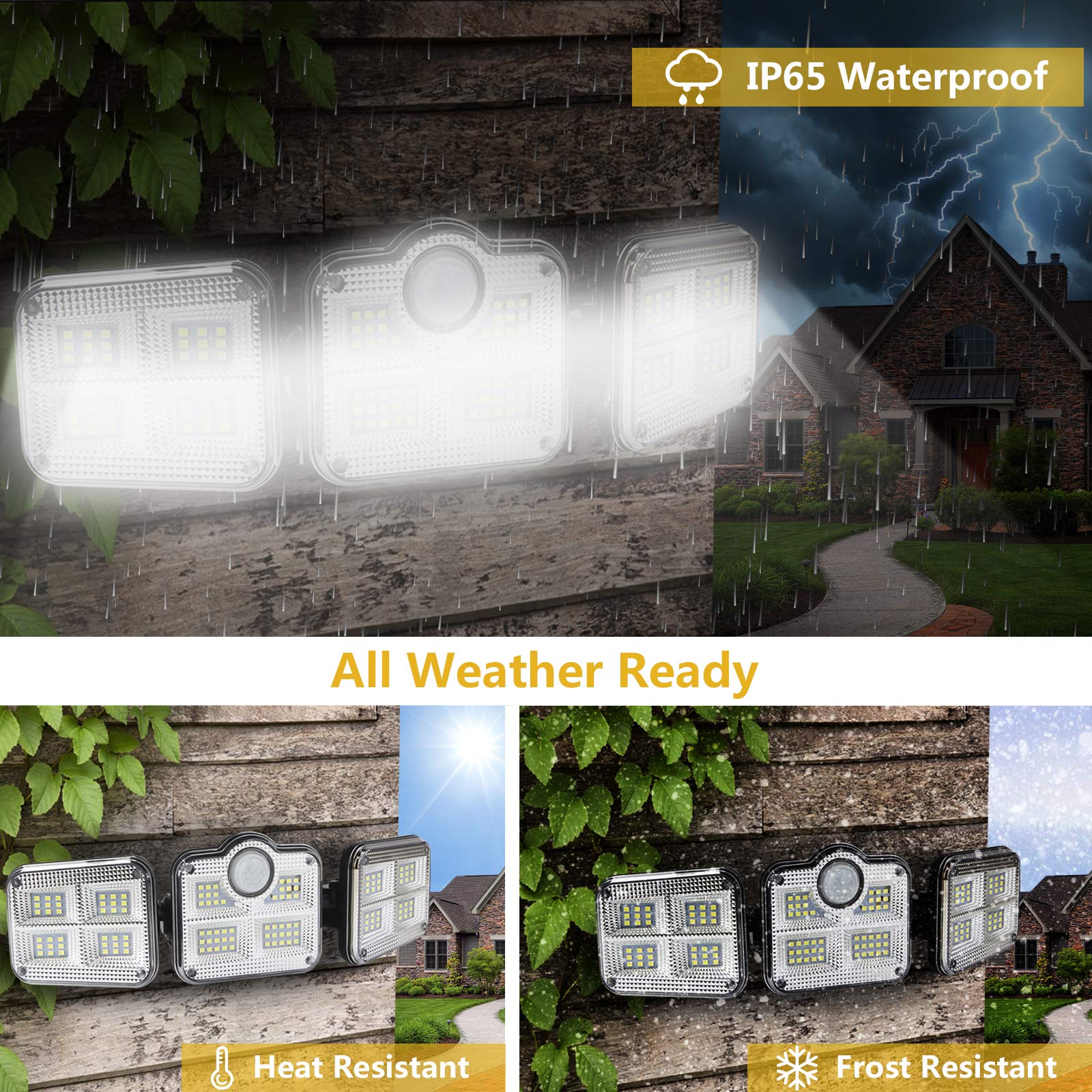 Solar Lights Outdoor Indoor - LED Solar Motion Sensor Lights 3 Adjustable Heads 270° Wide Angle: Security Flood Light IP65 Waterproof Solar Powered Wall Lights with Remote Control & 16.5 ft Cables