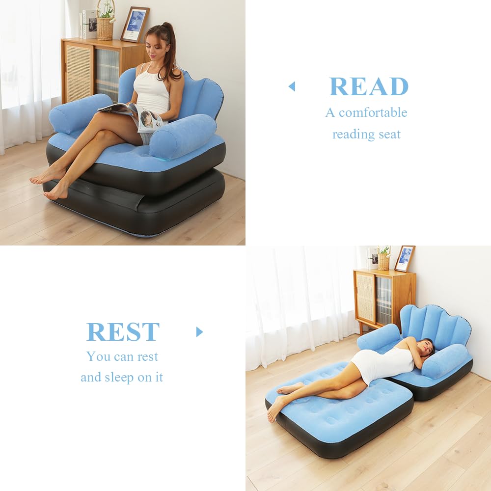 KAERMU Inflatable Sofa with Air Pump Outdoor Adult Lazy Sofa Multifunctional Five in One Inflatable Bed Convenient Foldable Lounge Chair,PVC Flocking,Perfect for Relaxing and Reading(Blue)
