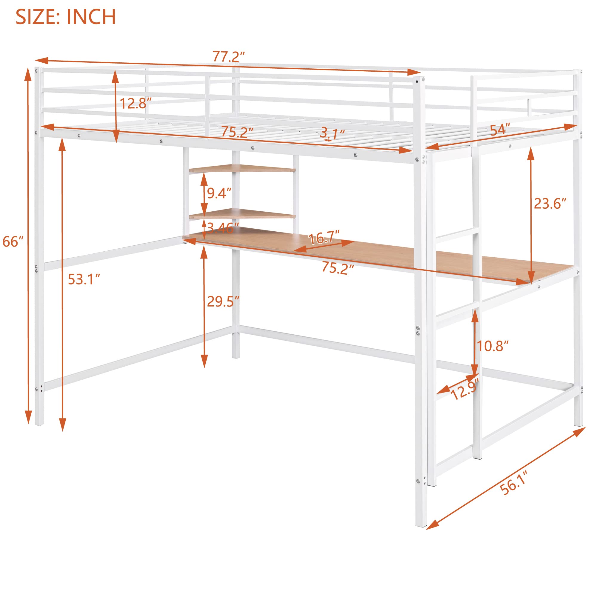 Full Size Loft Bed with Desk and Storage Shelves,Heavy-Duty Loft Bed Full for Kids,Metal Loft Bed Frame with Safety Guardrail,Space-Saving(Full,White)