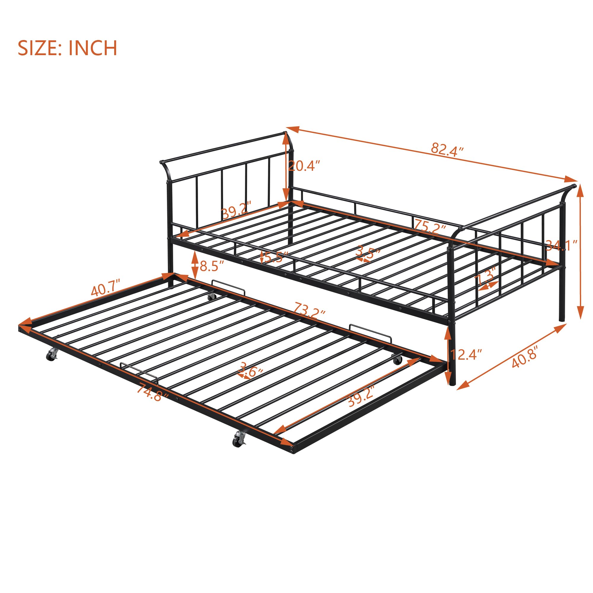Full Size Metal Daybed with Curved Handle Design and Twin Size Trundle, Black