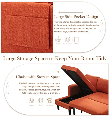 Modern Pull Out Sleeper Sofa Bed with Chaise, Comfy L Shaped Convertible Sleeper Couch with Storage and Pocket, Sectional 3 Seat Couch for Living Room Furniture or Home Office, Tufted Back - Orange