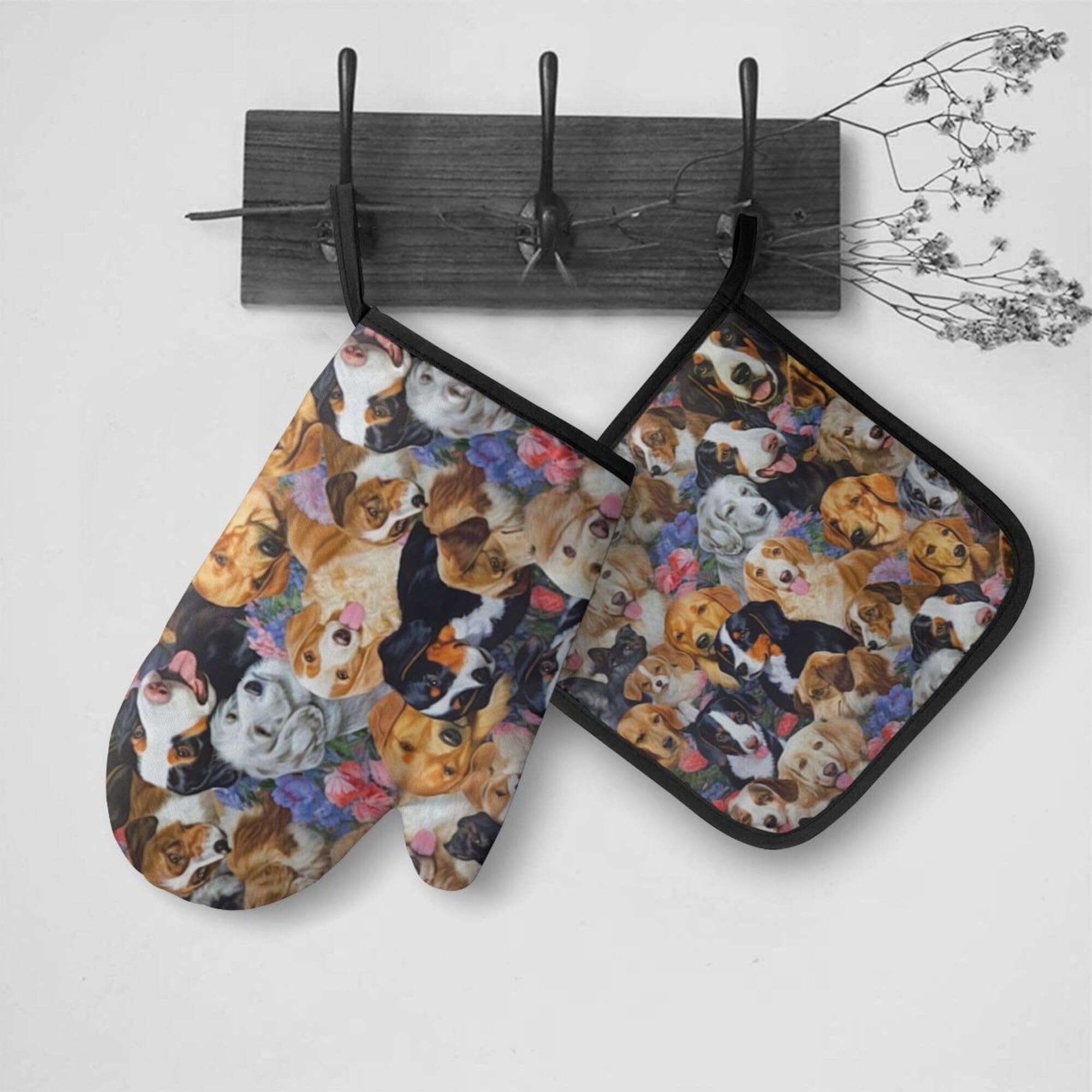 Dujiea Home Kitchen Oven Mitts and Potholders Set, Dogs Garden Puppies Heat Resistant Waterproof Non Slip BBQ Gloves Hot Pad Set for Baking Cooking Grilling