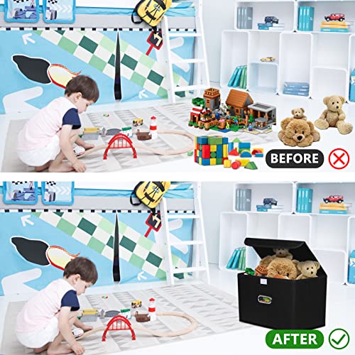 STOREONE Fabric Storage Cube Bins Foldable Organizer Container Collapsible Basket with Lids and Metal Handles, for Home, Bedroom, Closet (Black, 3 Pcs)