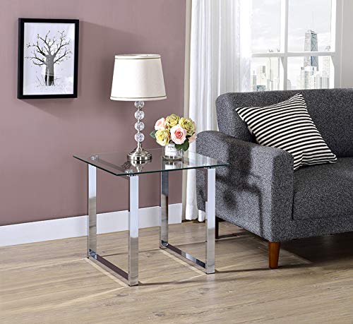 Kings Brand Furniture - Modern Chrome Finish Square Side End Table with Tempered Glass Top, Nightstand for Bedroom Living Room Office