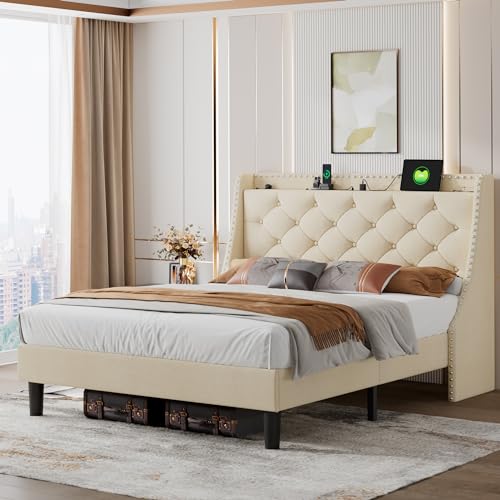 iPormis Queen Bed Frame with Deluxe Wingback & 2 USB Ports, Button Tufted Storage Headboard, Solid Wood Slats Support, No Box Spring Needed, Beige