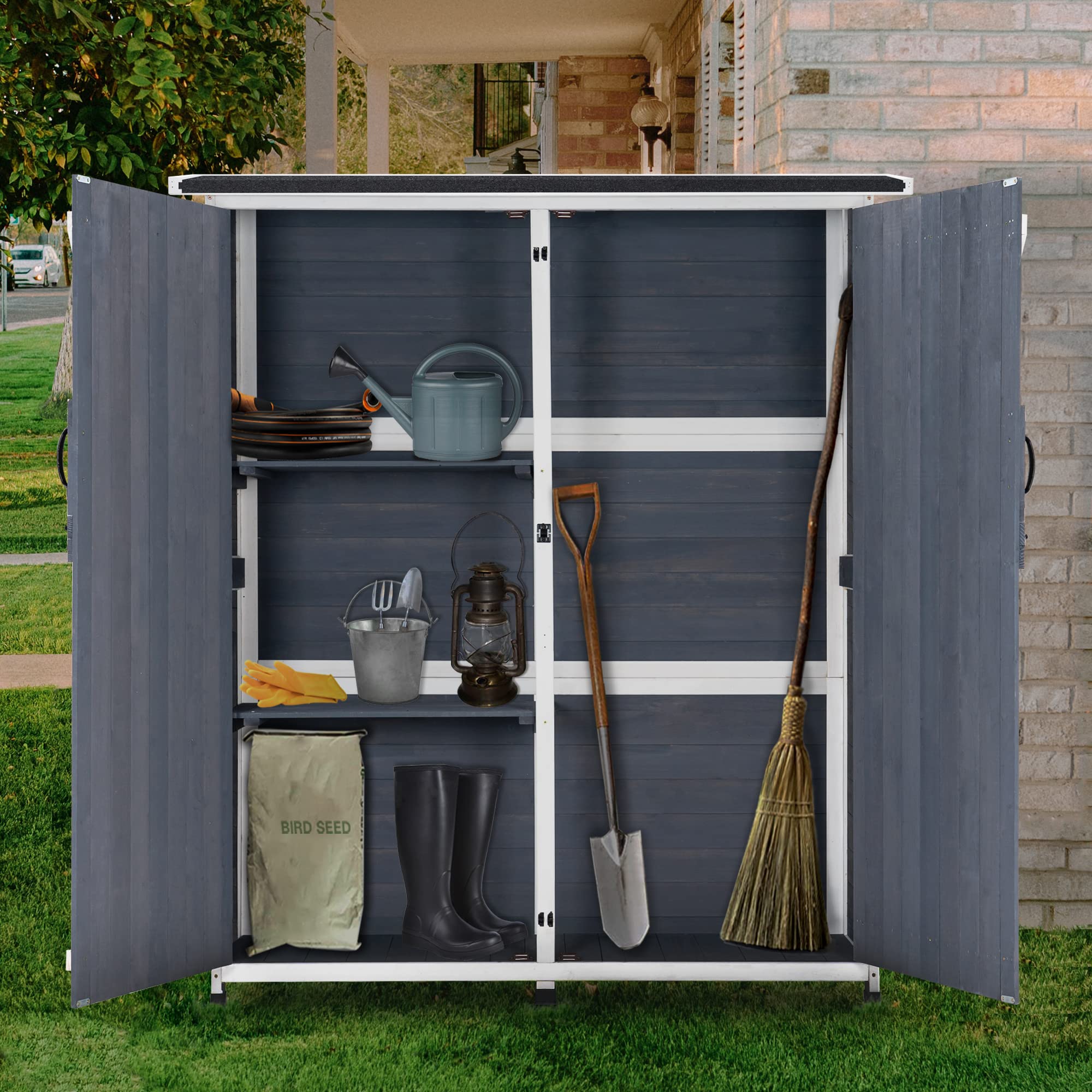 MCombo Storage Shed Backyard Utility Tools Organizer Outdoor Wooden Garden Racks Shelves with Lockers 2 Doors Home Furniture 6056-1400(Grey)
