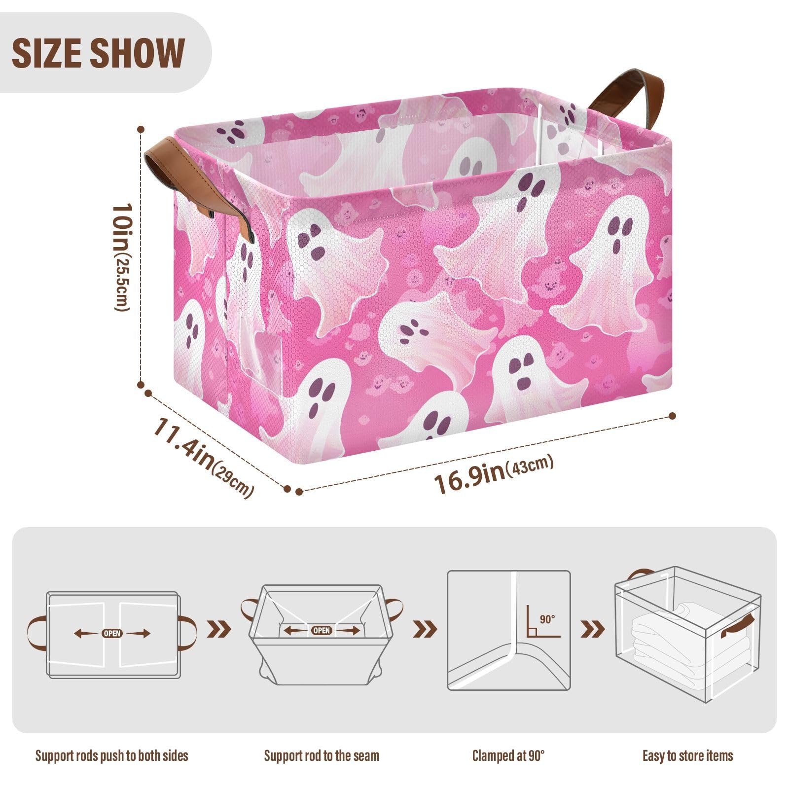 HOMONAW Rectangular Storage Bin Halloween Ghosts Boo Storage Baskets Foldable Closet Organizer with Handles for Organizing Shelf, Clothes, Toys, Home, Office, Nursery