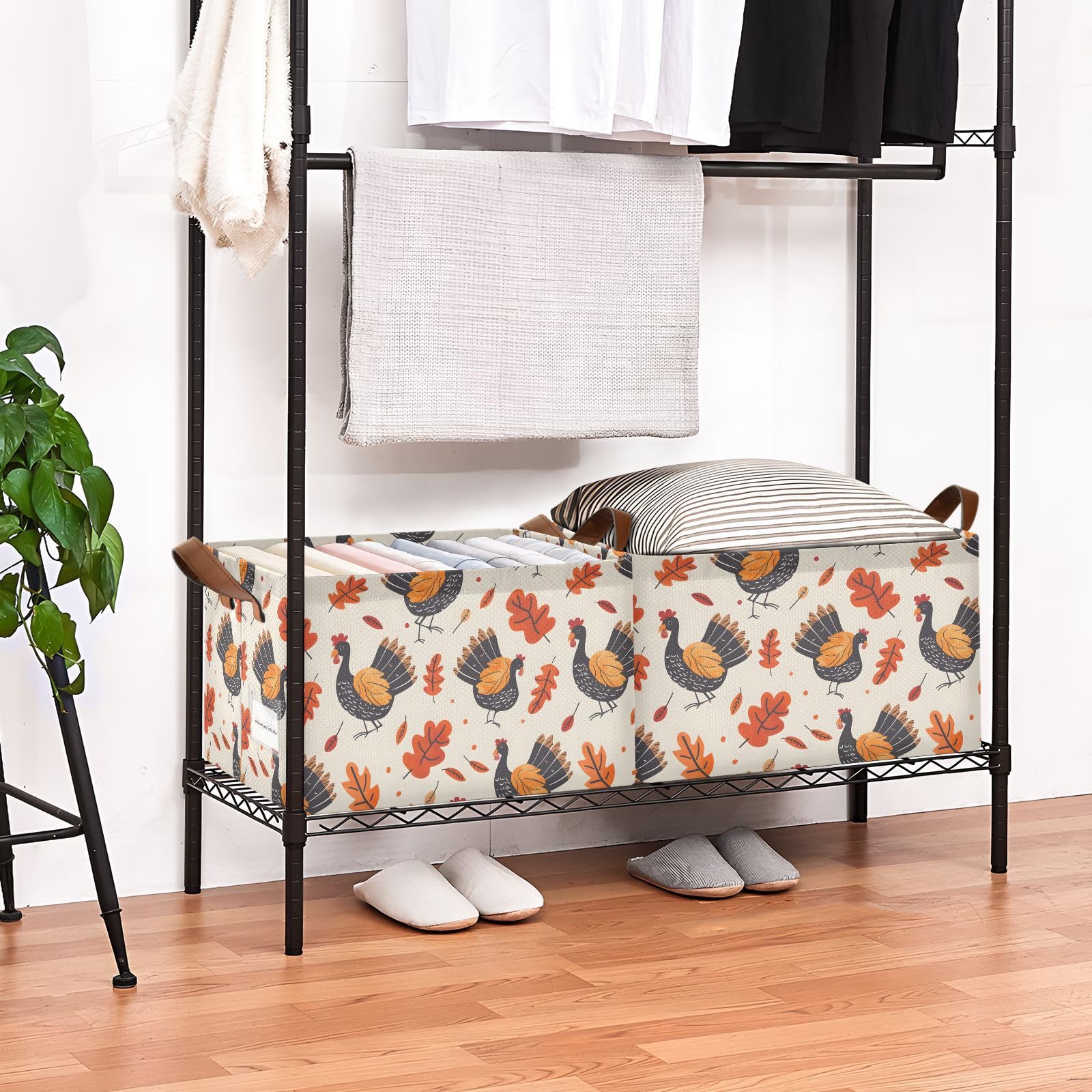 HOMONAW Rectangular Closet Storage Bin Thanksgiving Day Turkey Maple Leaf Storage Baskets with Handles Collapsible Closet Shelf Organizer for Clothes, Toys, Towel, Home, Bedroom, Office