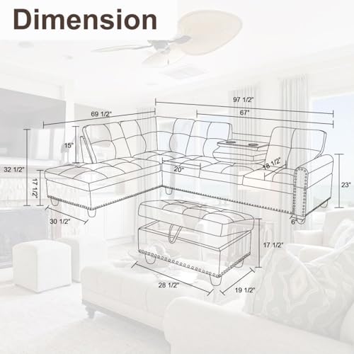GlasFlength Leather L Shaped Couch with Ottoman, Modern Nail-Head Design Comfy Sectional Sofa with Cup Holder & Chaise for Living Room, Bedroom, Office