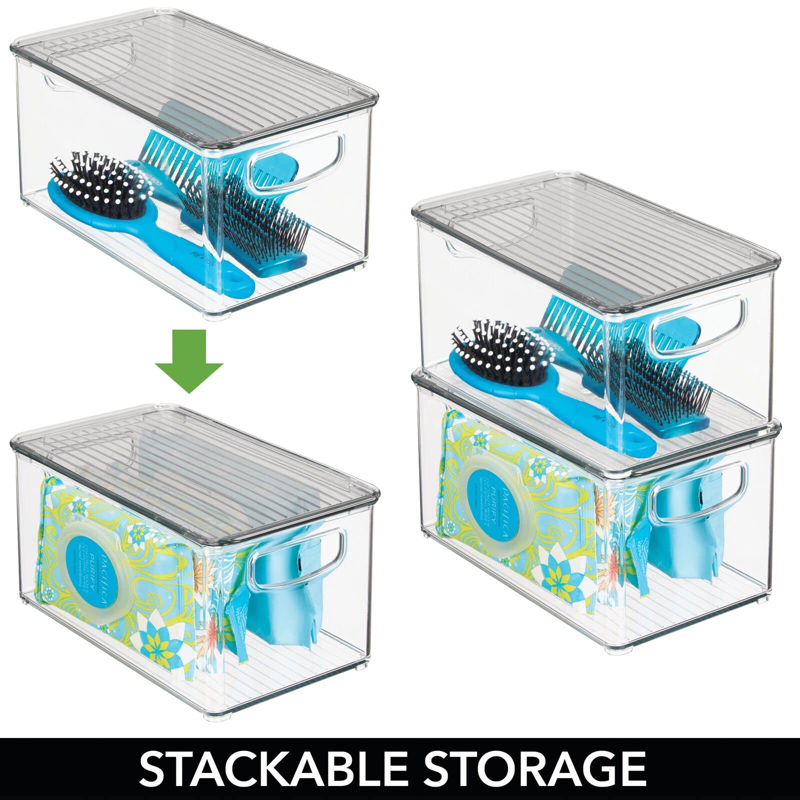 mDesign Deep Plastic Bathroom Storage Bin Box, Lid/Built-In Handles, Organization for Makeup, Hair Styling Tools, Toiletry Accessories in Cabinet, Shelves, Ligne Collection, 4 Pack, Clear/Smoke Gray