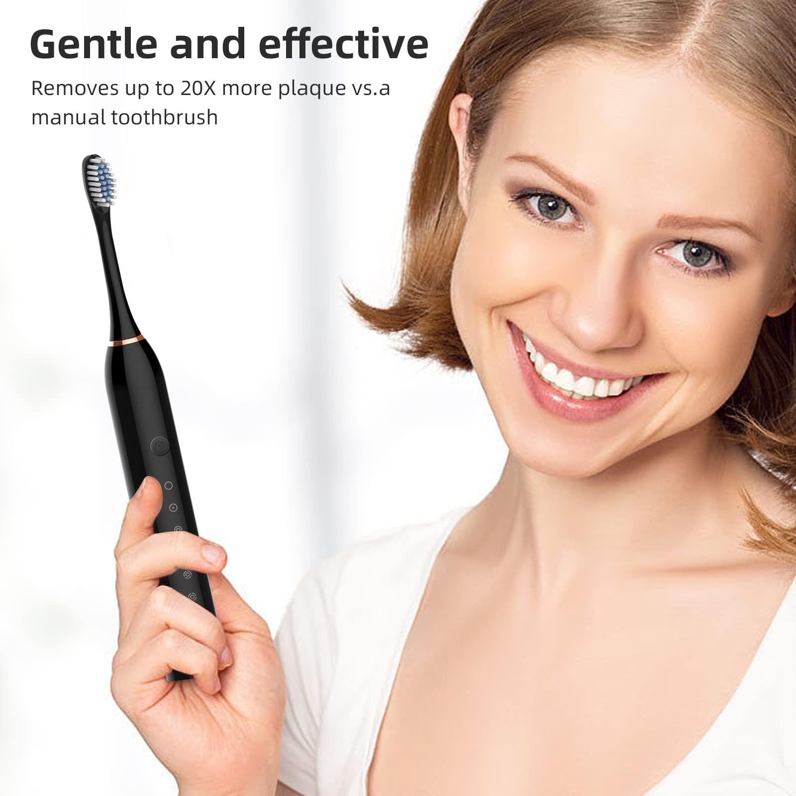 Qhecomce Sonic Electric Toothbrushes USB Rechargeable Ultrasonic Tooth Brush with 4 Brush Heads 6 Cleaning Modes and Smart Timer IPX7 Waterproof Cleaning Toothbrushes for Adults (Black)