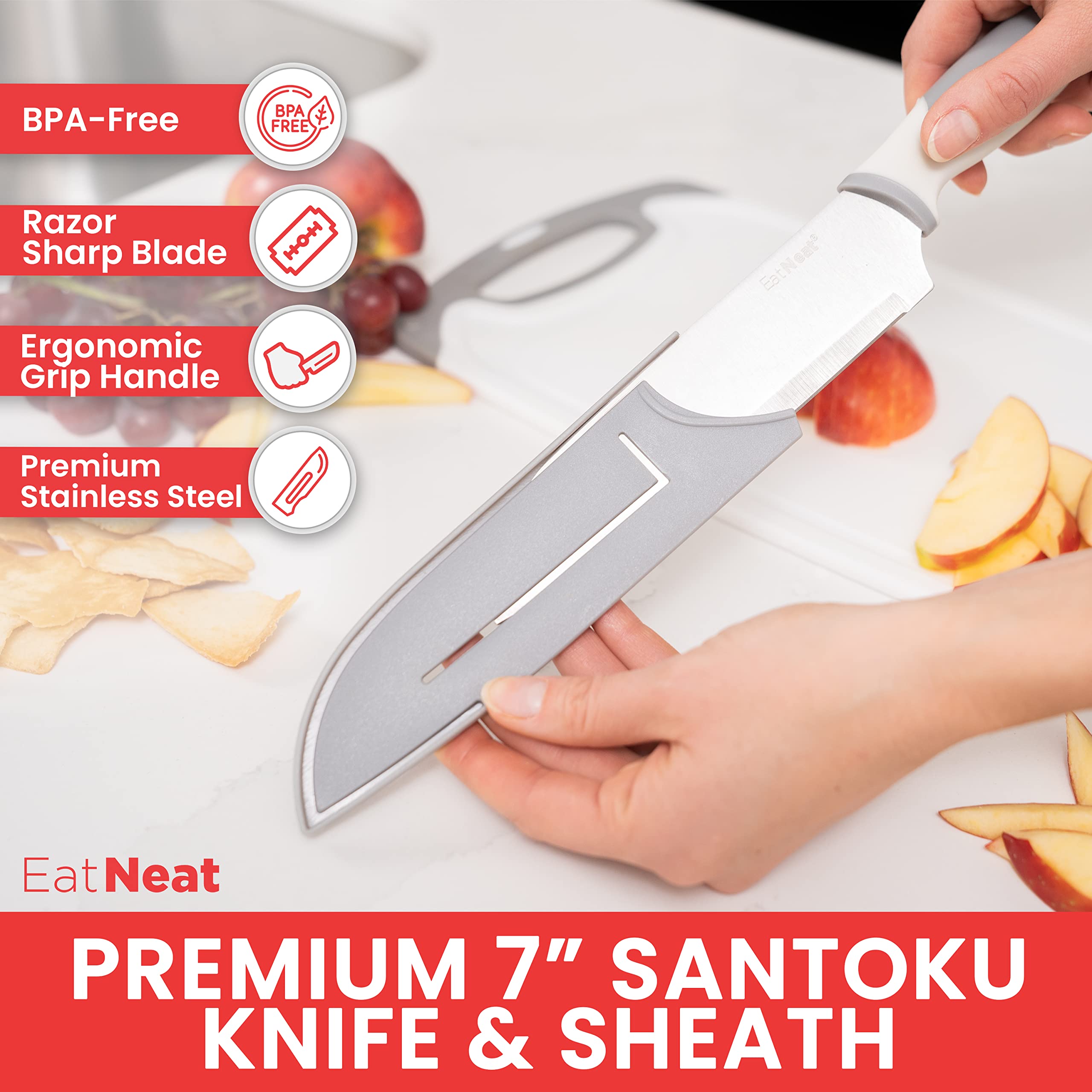 EatNeat 12 Pc Colorful Kitchen Knife Set - Camper Must Haves 5 Stainless Steel Knives with Safety Sheaths 5 pc Cutting Board and Kitchen Knife Set
