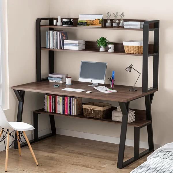 Leconte Computer Desk with Hutch, 47â Writing Study Table + Book and Storage Shelves, Space Saving Home Office Workstation, Brown