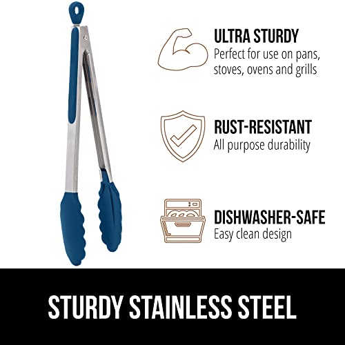 Gorilla Grip Silicone Tongs Set of 2 and Manual Can Opener, Silicone Tongs Are 9 and 12 Inch, Can Opener Includes Built in Bottle Opener, Both in Blue Color, 2 Item Bundle