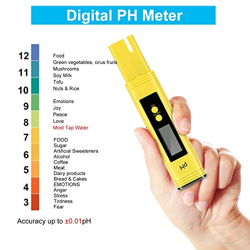 Digital PH Meter, UOTO Water Quality Tester 0.01 PH High Accuracy and 0-14 PH Measurement Range, Ideal Water Test Meter for Household Drinking Water, Aquariums, ATC β Yellow