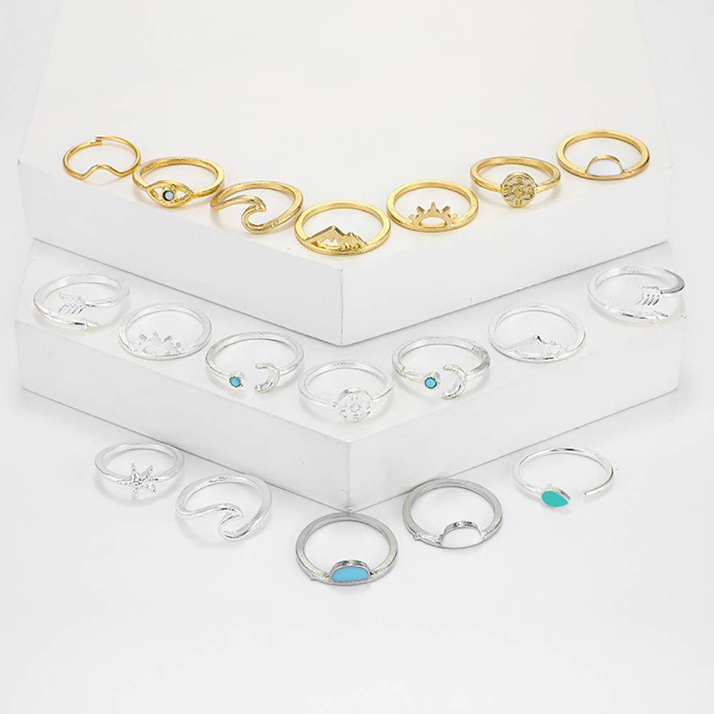 CSIYANJRY99 19Pcs Boho Retro Stackable Rings Sets for Women,Peak Sea Wave Compass Turquoise Knuckle Finger Rings