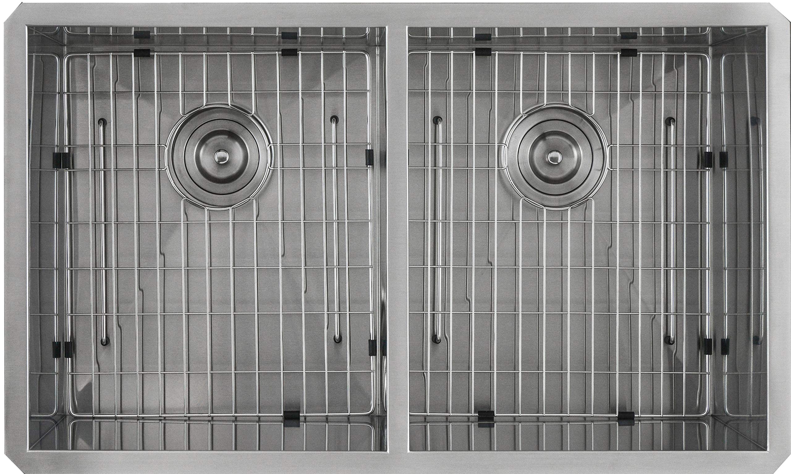 KABCO 32 Inch 16 Gauge Extra Thick Undermount Zero Radius Double Bowl Handmade Kitchen Sink with Stainless Steel Sink Strainers Bottom Sink Grids and a Rolling Grid Combo Package