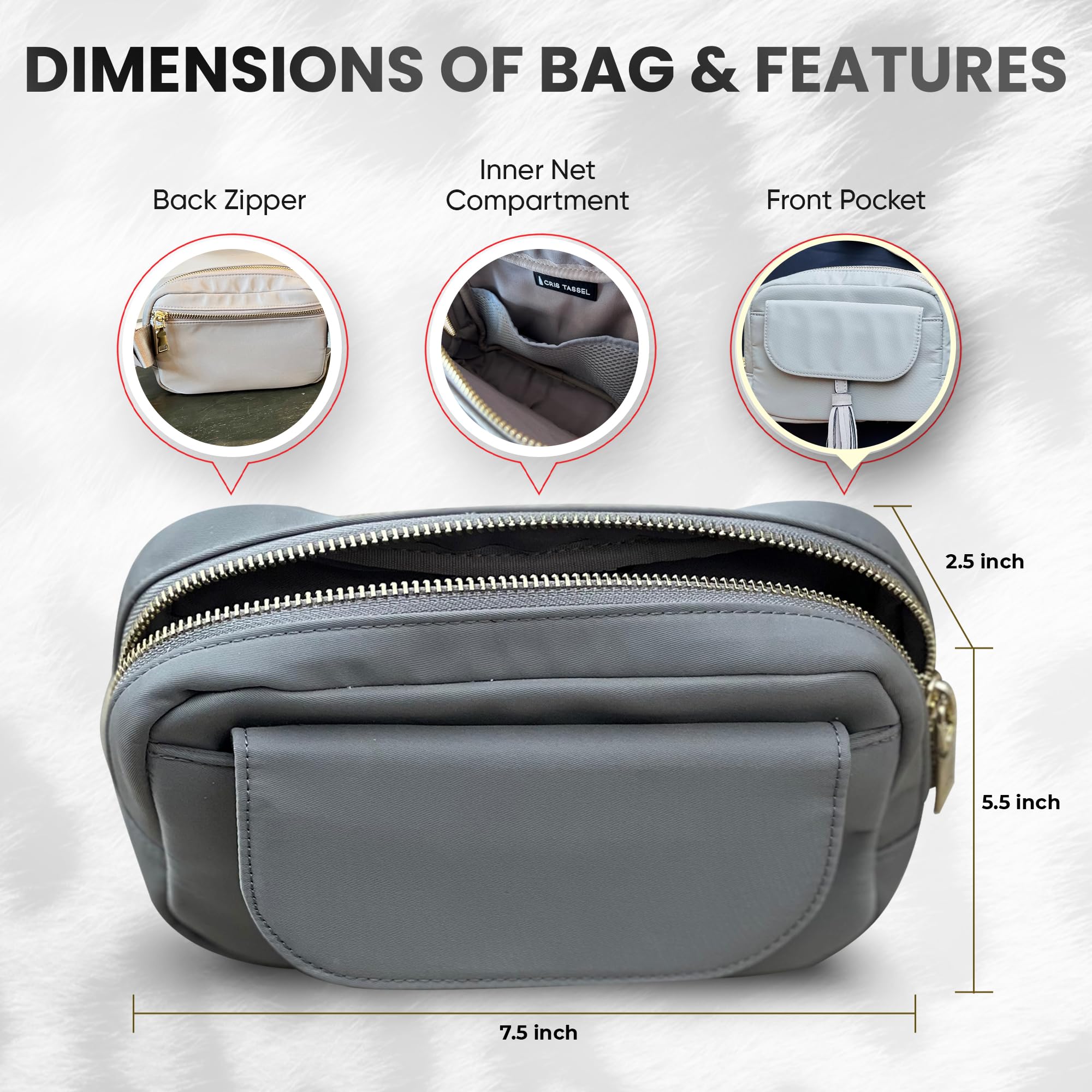 Cris Tassel Crossbody & Waist Bag with Adjustable Strap & Interchangeable Tassels – Includes Inside Pocket, Front Pocket and Back Pocket with Zipper – Durable Nylon Material Ideal for Travel, Cycling