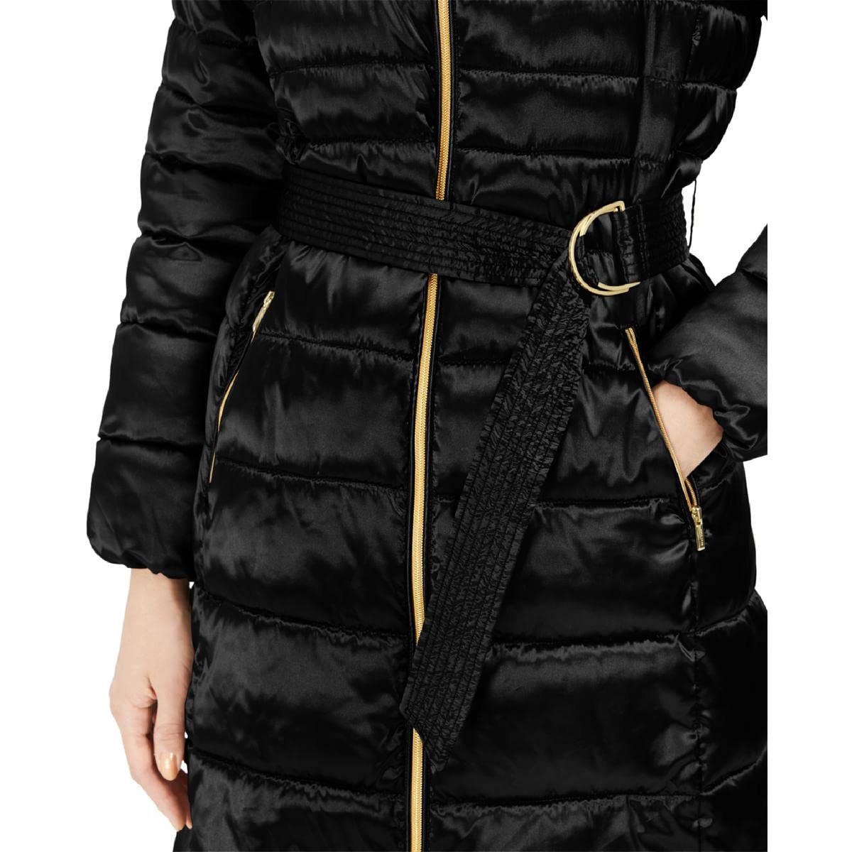 Cole Haan Women's Sateen Faux Down Belted Coat, Black, Small
