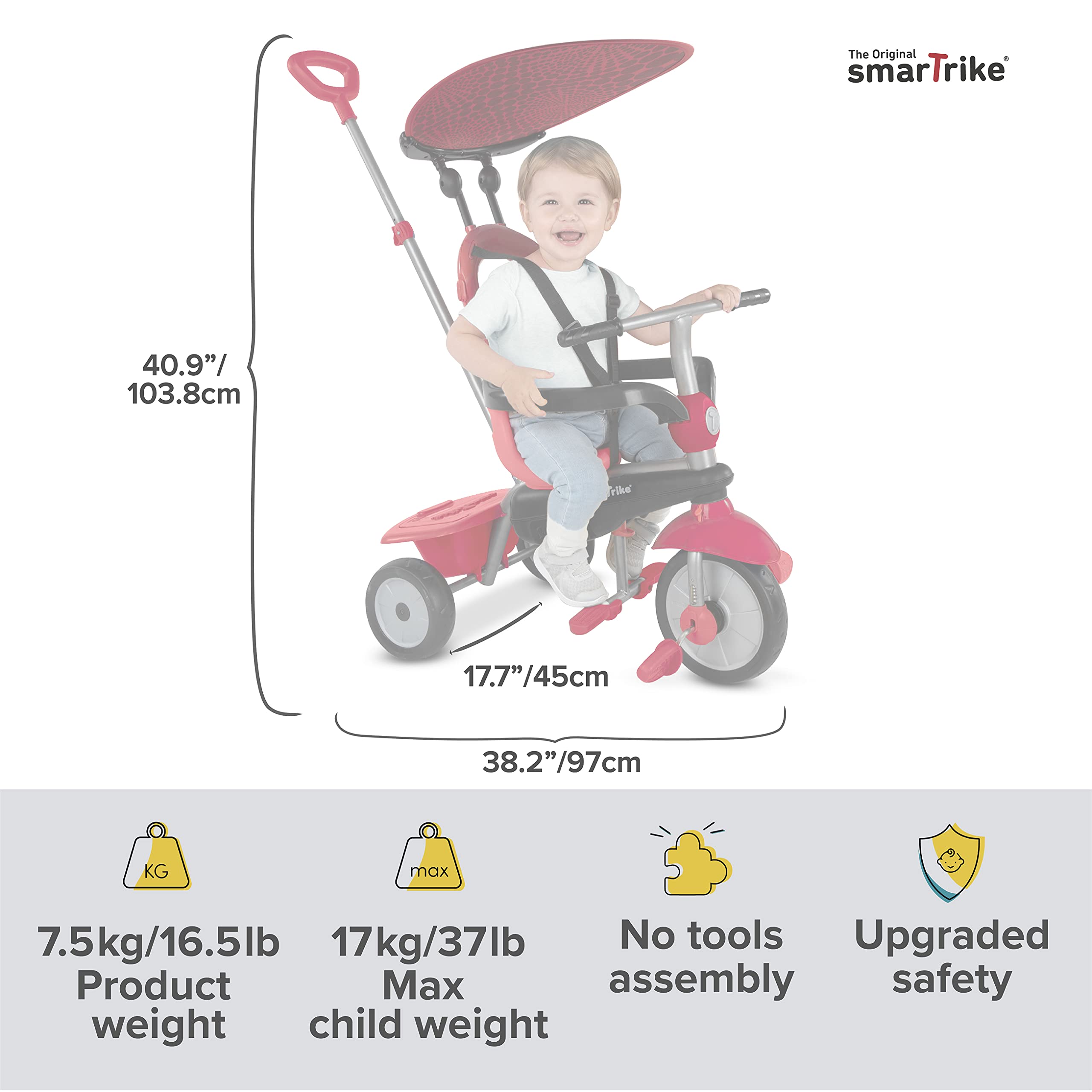 smarTrike Kids Adjustable Tricycle Push Bike Trike Ride On Toy with Parent Control Button for Toddler Ages 15 Months to 3 Years, Red