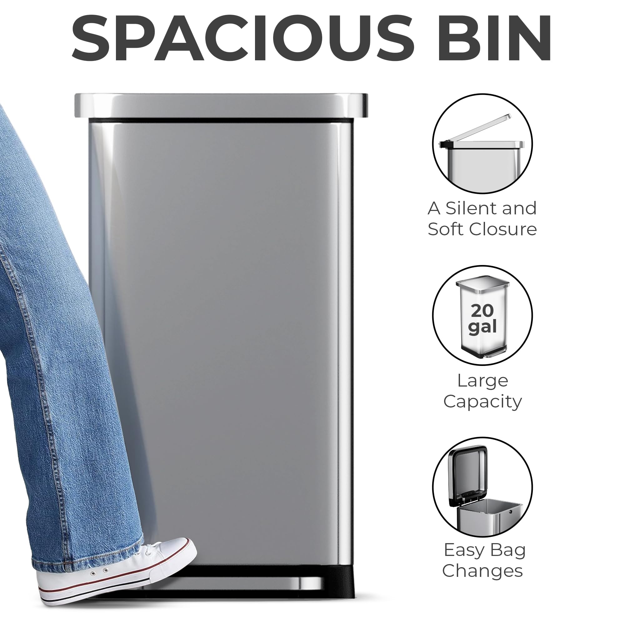 EconoHome 20 Gallon Stainless Steel Large Kitchen Trash Can with Foot Pedal, Soft Close Lid and Trash Bag Retainer Rim