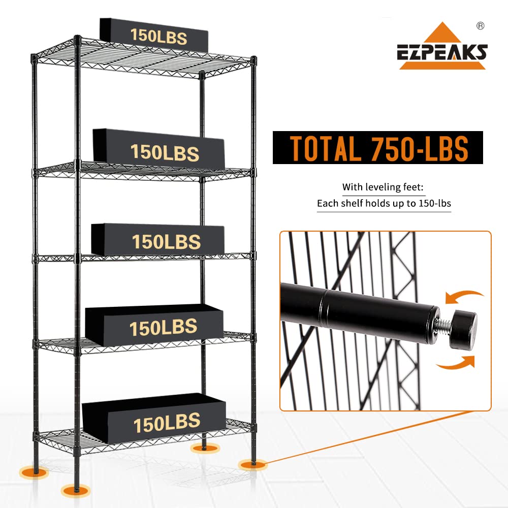 EZPEAKS 2-Pack 5-Shelf Shelving Unit with 5-Shelf Liners, Adjustable, Steel Wire Shelves, 150lbs Loading Capacity Per Shelf, Shelving Units and Storage for Kitchen and Garage (30W x 14D x 60H)