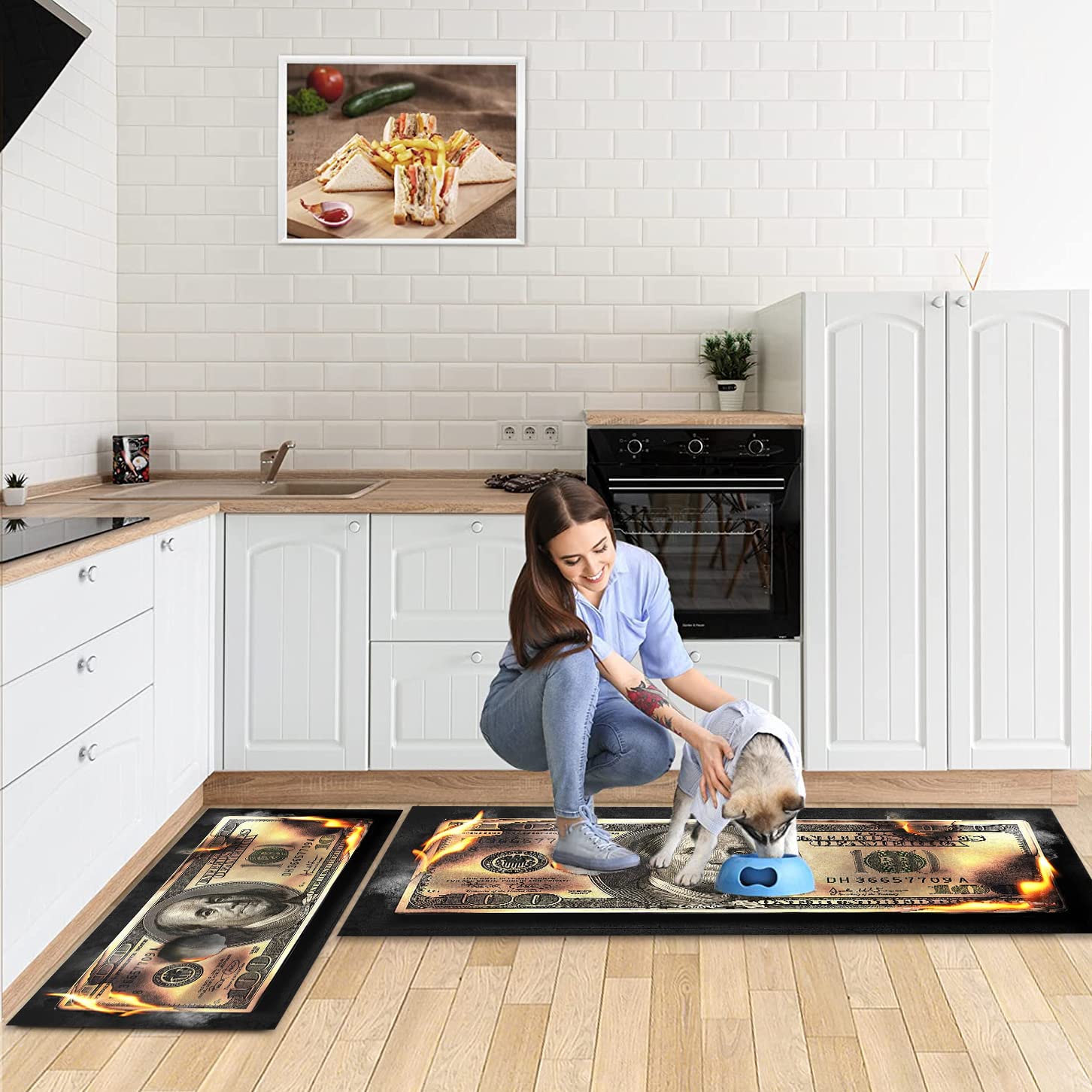 DVKKHD Money Kitchen Rugs Washable Burning 100 Dollar Bill Bathroom Rug Set 2 Piece Modern Kitchen Mats for Floor Non Skid Entryway Rug for Bedroom Home Decor Carpet Runner 17.7βx29.5β+17.7βx59β