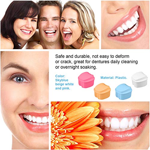 FALOME 4 Pcs Denture Case Denture Cup with Strainer Denture Boxes Dentures Container with Basket for Travel, Retainer Cleaning