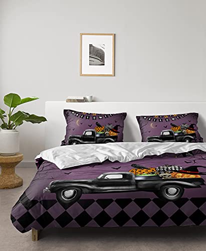 Halloween Pumpkin Ghost Face Black Truck Duvet Cover Sets 4 Piece Full Ultra Soft Bed Quilt Cover Set for Kids/Teens/Women/Men,Bat Dead Trees Plaid Bedding Collection All Season Use