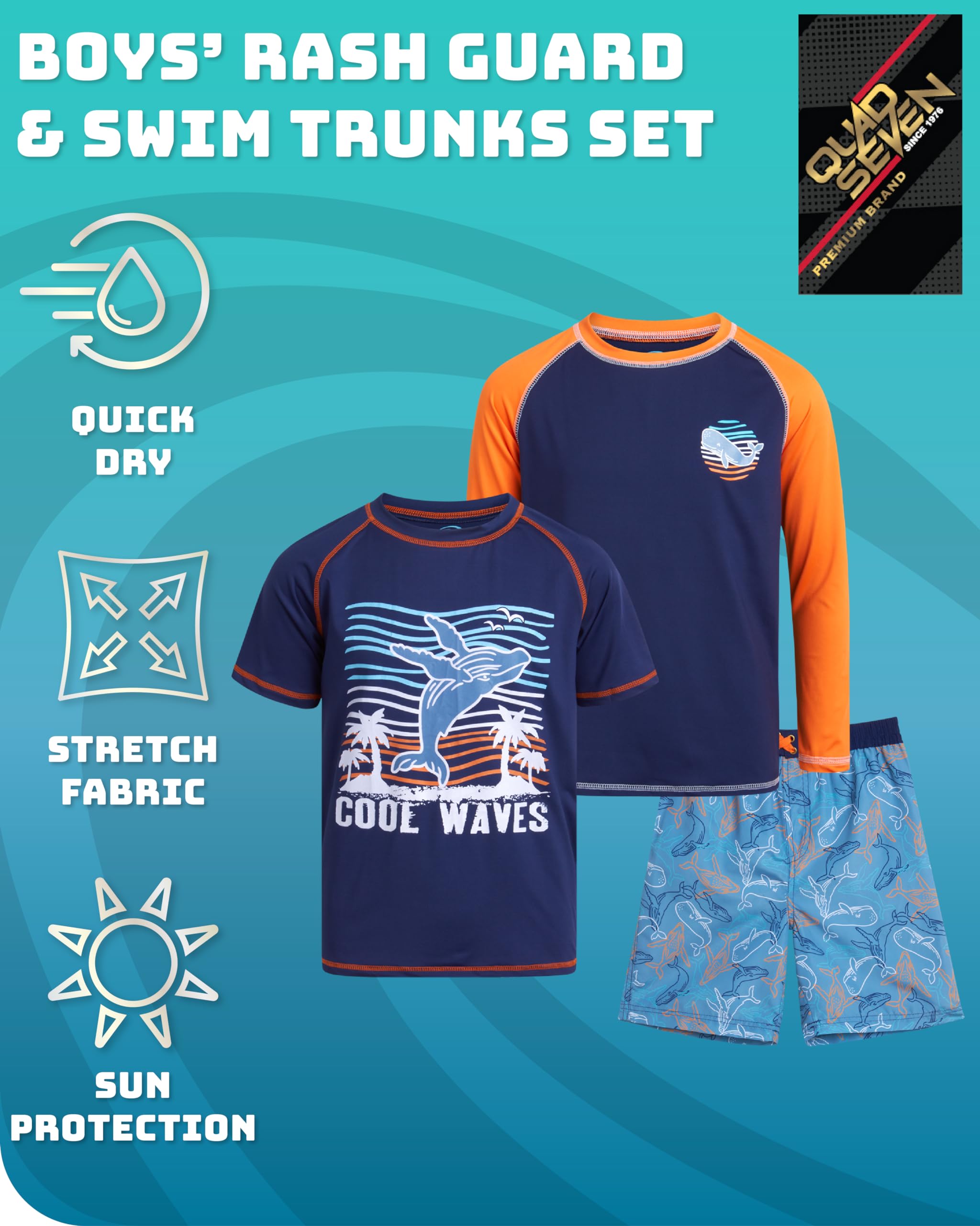 Quad Seven Little Boys' Rash Guard Swim Set - 3 Piece Bathing Suit Trunks and Rash Guard Shirt (2T-7), Size 2 Toddler, GreenNavy Palm Trees