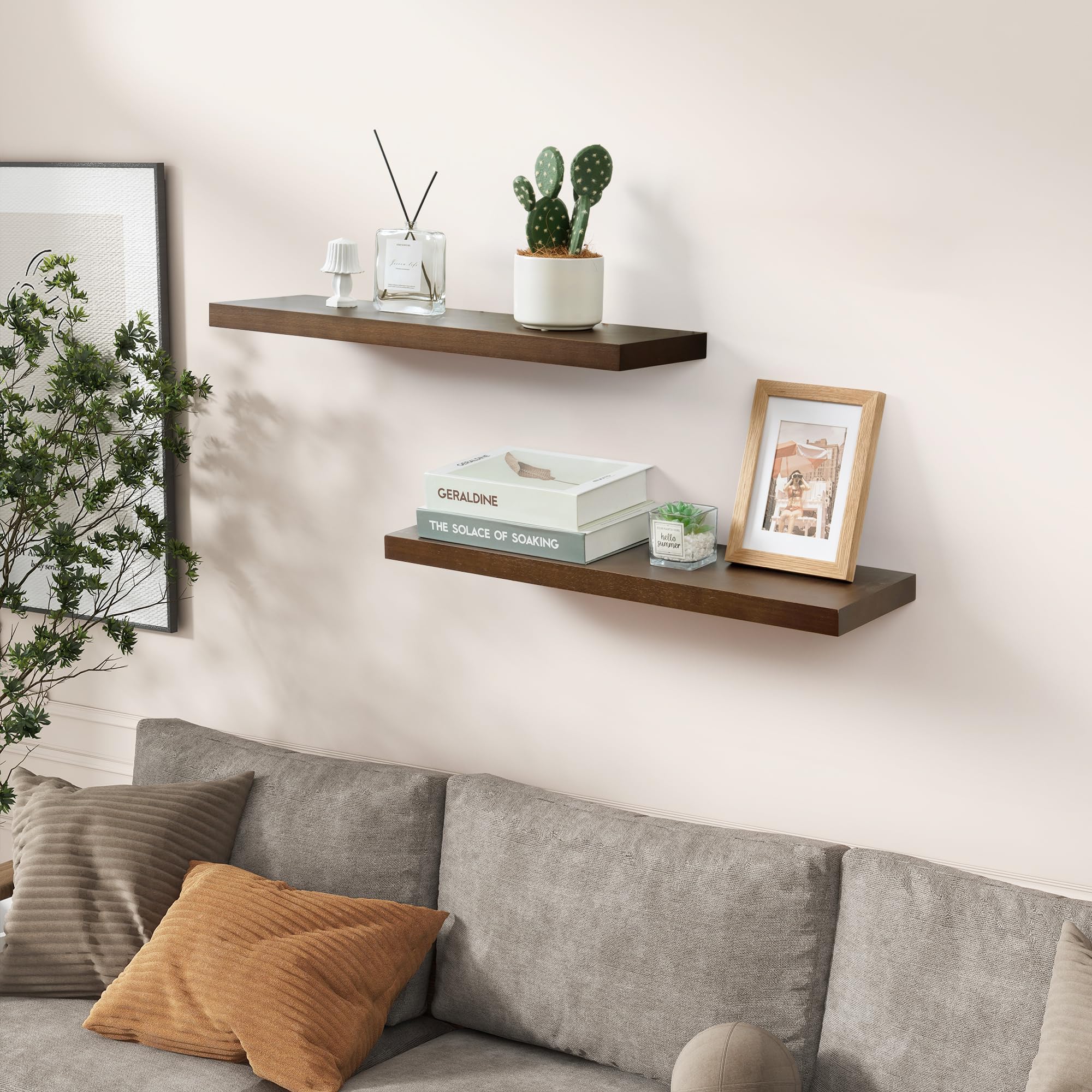 Fun Memories 48 Inch Floating Shelves Wall Mounted, Solid Hardwood Wall Shelves 48 in, Rustic Natural Wood Floating Shelf for Bathroom, Kitchen, Living Room, Mahogany Color